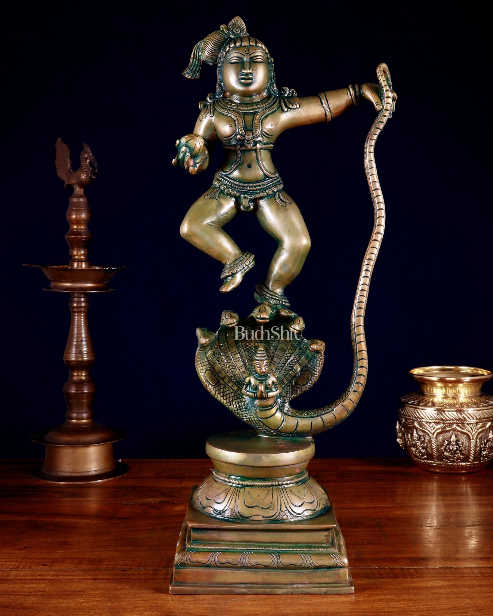 Buy Pure Brass Vintage Kalinga Narthana Krishna Idol - 18 Inch chola ...