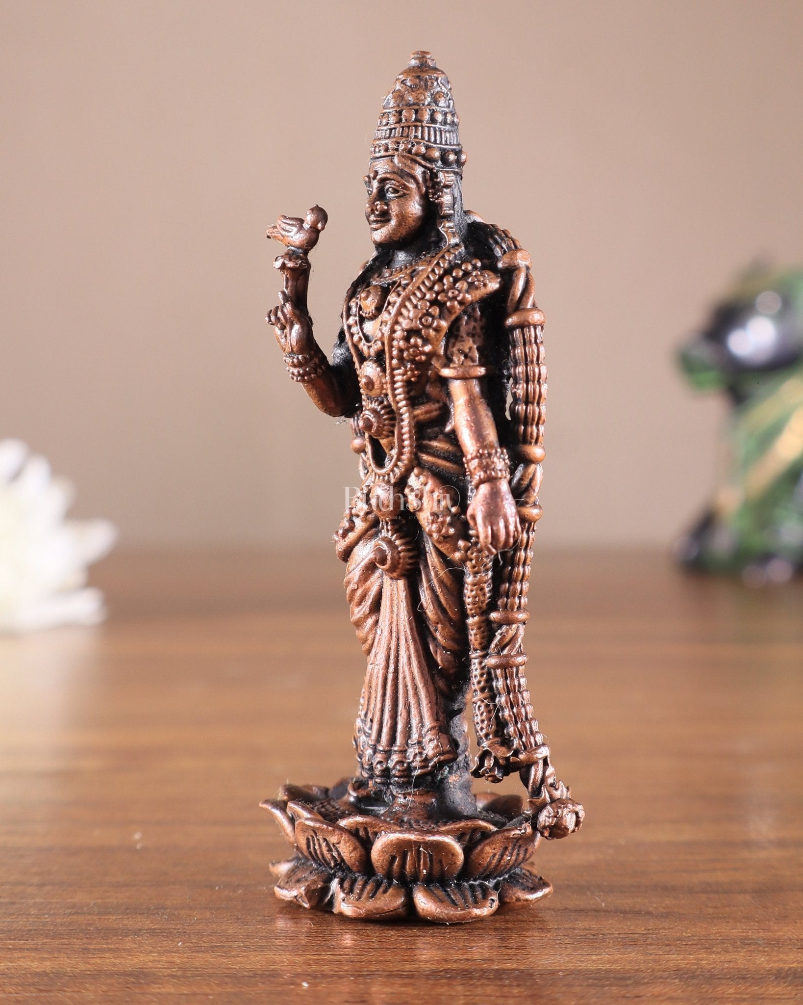 Pure Copper Standing Meenakshi Devi Idol – 5 Inch, 310g – Budhshiv.com