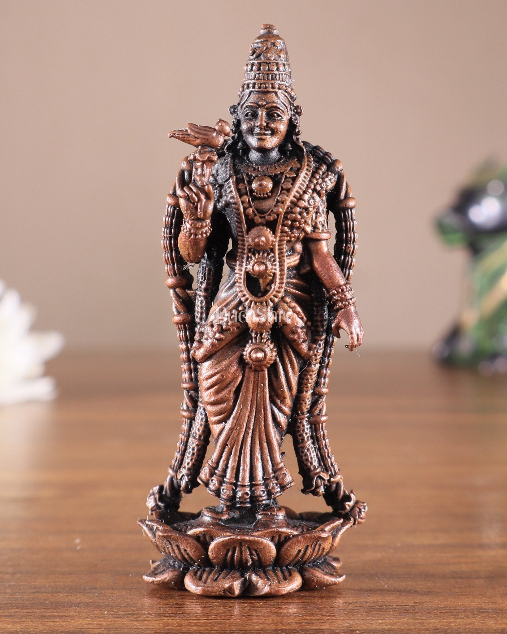 Pure Copper Standing Meenakshi Devi Idol – 5 Inch, 310g – Budhshiv.com