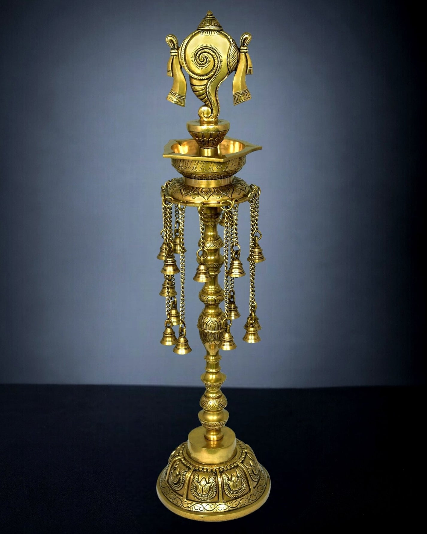 Superfine Brass Shankh Chakra Oil Lamps - Pair 30 inch - Budhshiv.com