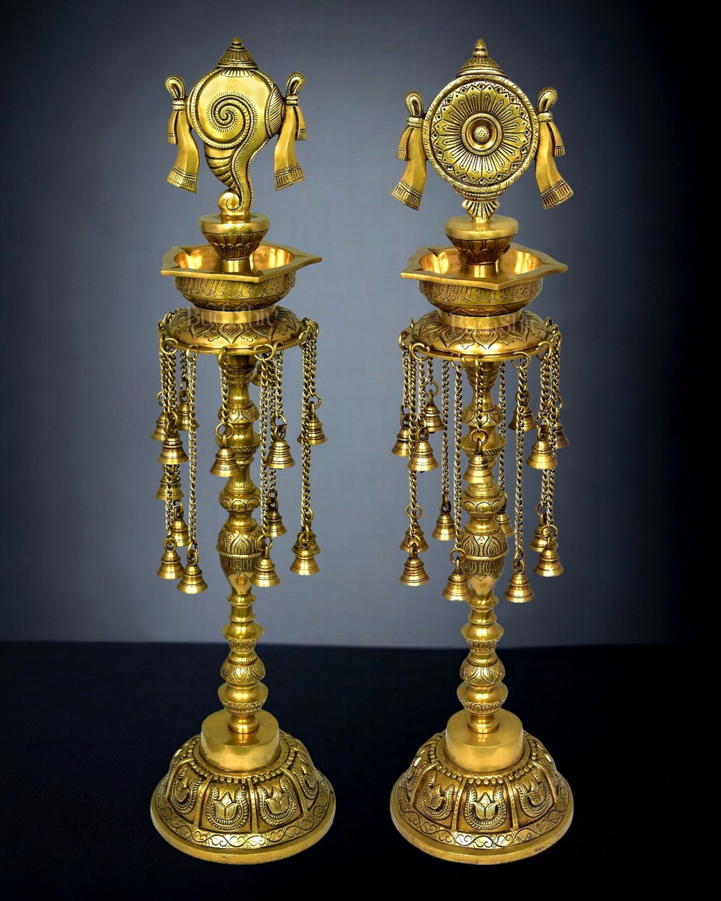 Superfine Brass Shankh Chakra Oil Lamps - Pair 30 inch - Budhshiv.com