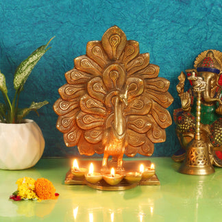 Antique Finish Large Brass Peacock Panchdeep | Exquisite Home Decor 12 ...