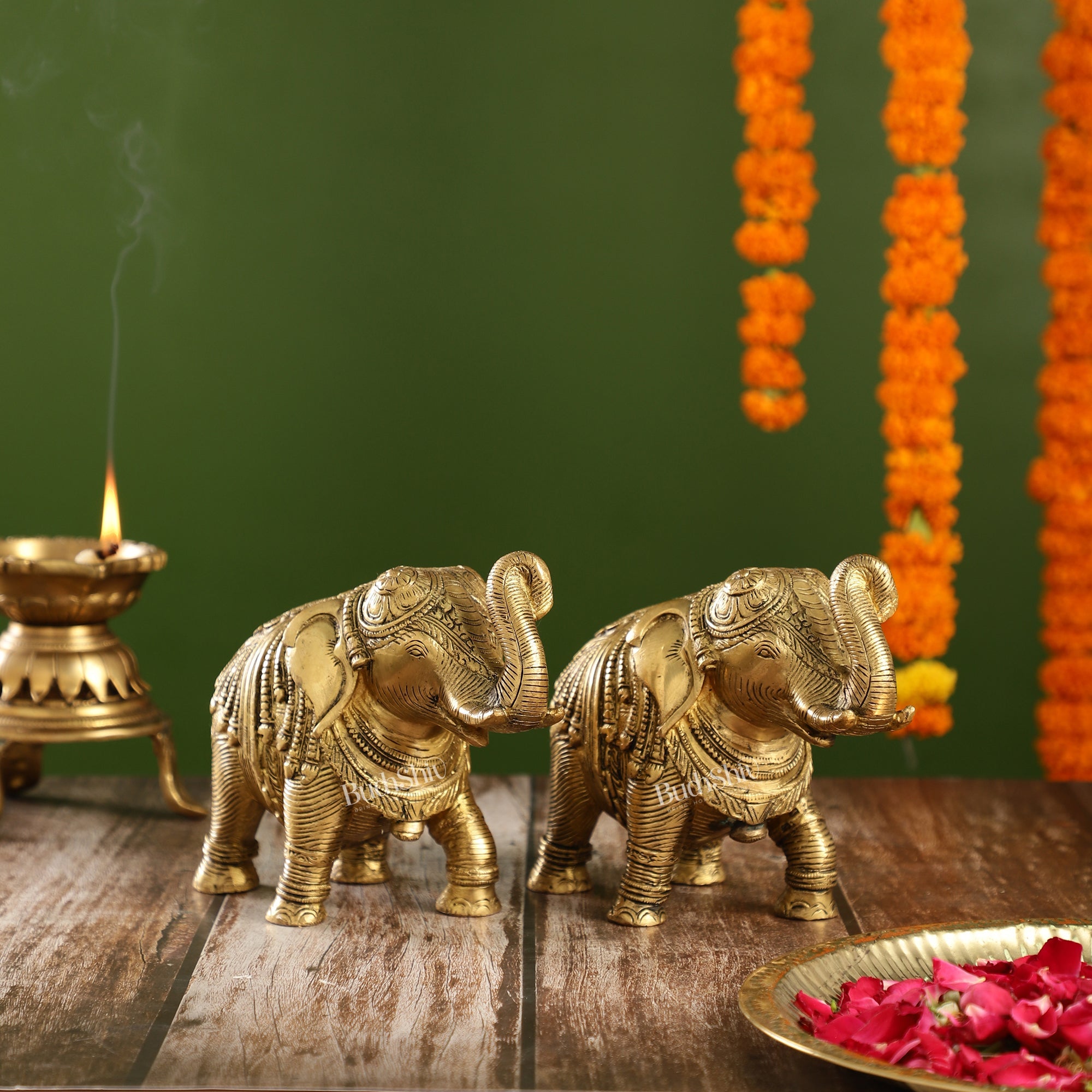 Buy Auspicious Brass Handcrafted Pair of Engraved Elephants with Curled ...