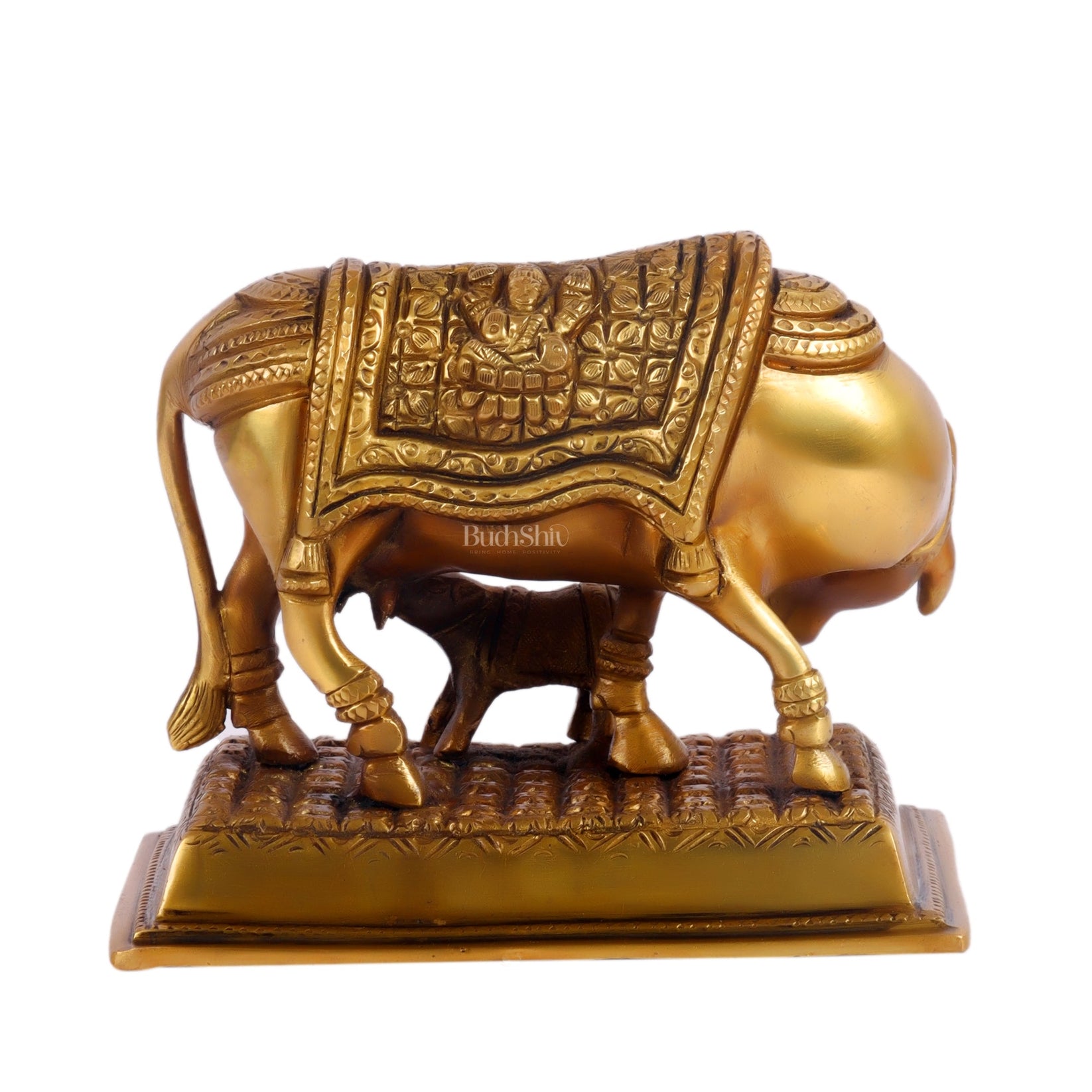 Brass Cow and Calf Kamdhenu Statue with Ganesha and Lakshmi Engraved ...