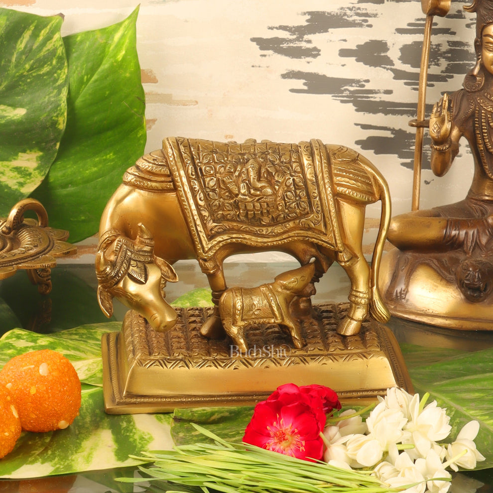 Brass Cow and Calf Kamdhenu Statue with Ganesha and Lakshmi Engraved ...