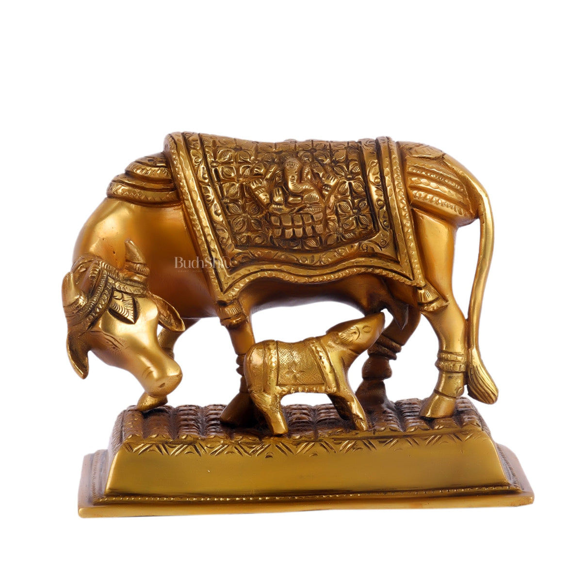 Brass Cow and Calf Kamdhenu Statue with Ganesha and Lakshmi Engraved ...