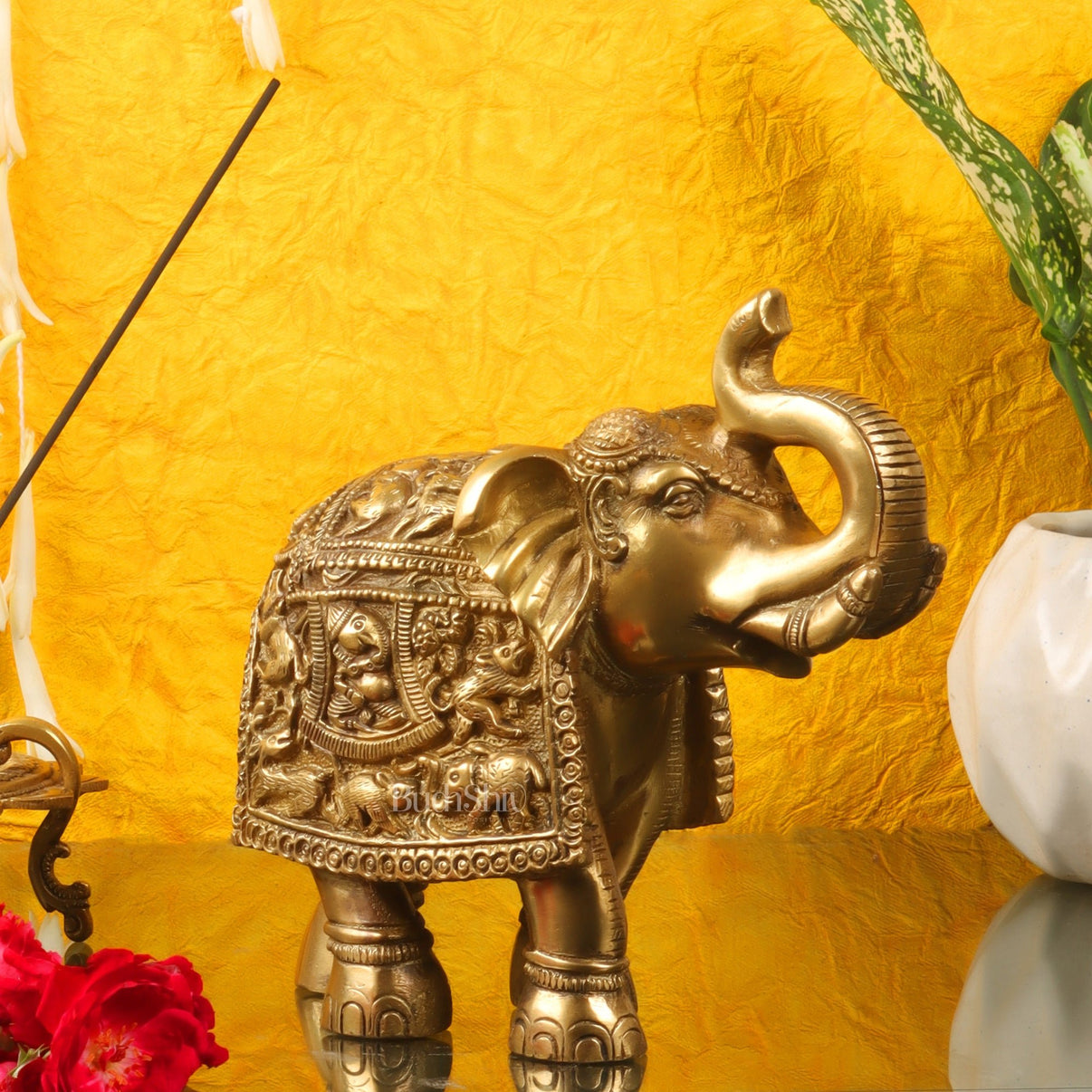 Buy Brass Engraved Elephant Statue table accent 7" - Budhshiv.com