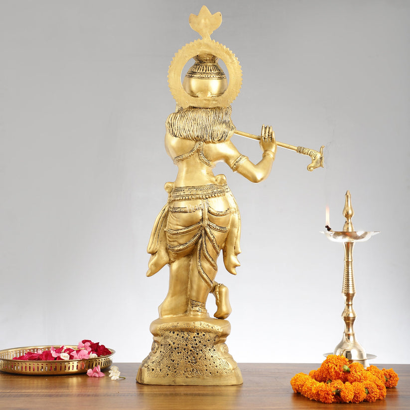 Buy Brass smiling Krishna Playing Flute Statue | Height 28 Inch ...