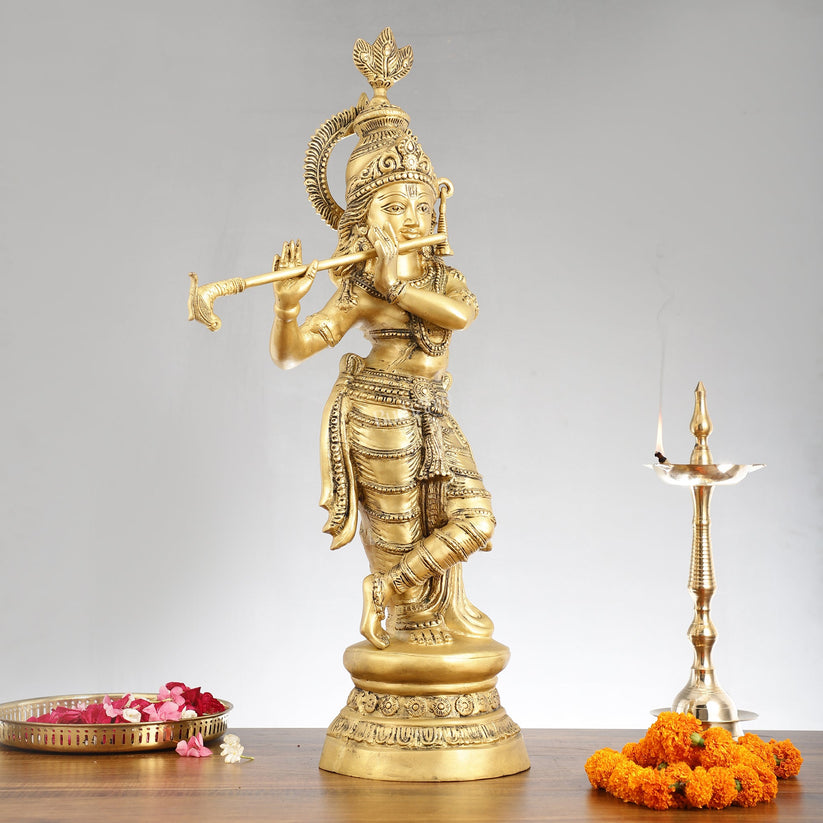 Buy Brass smiling Krishna Playing Flute Statue | Height 28 Inch ...