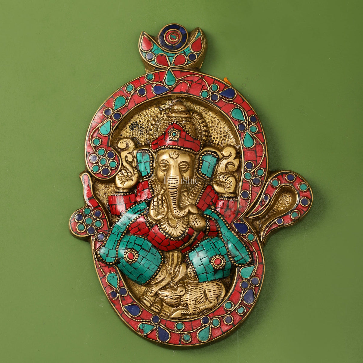 Buy Brass Ganesha Wall Hanging with Stonework - 9 x 6.5 inch - Budhshiv.com