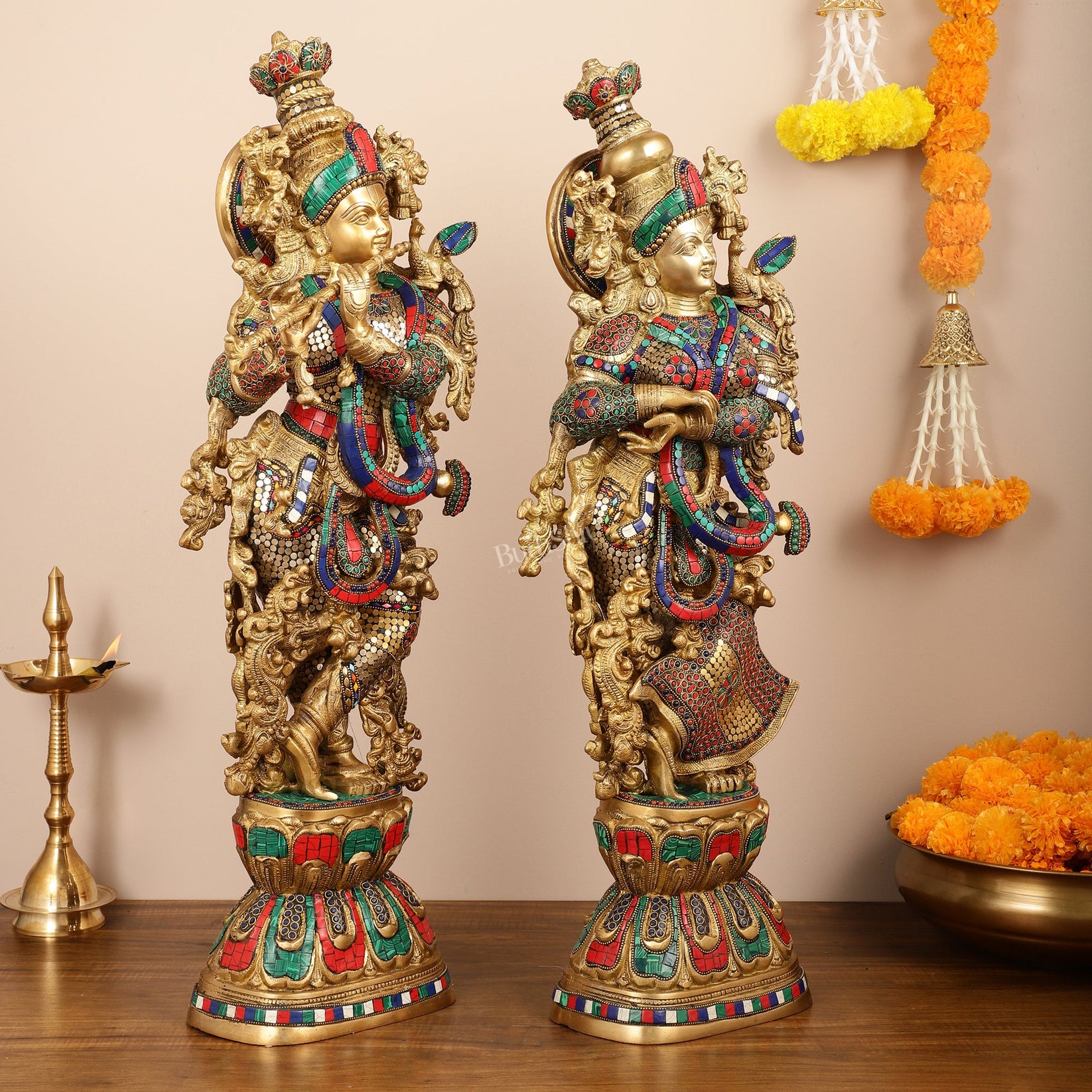 Brass Handcrafted Radha Krishna Idols with Meenakari Stonework - 29" T ...