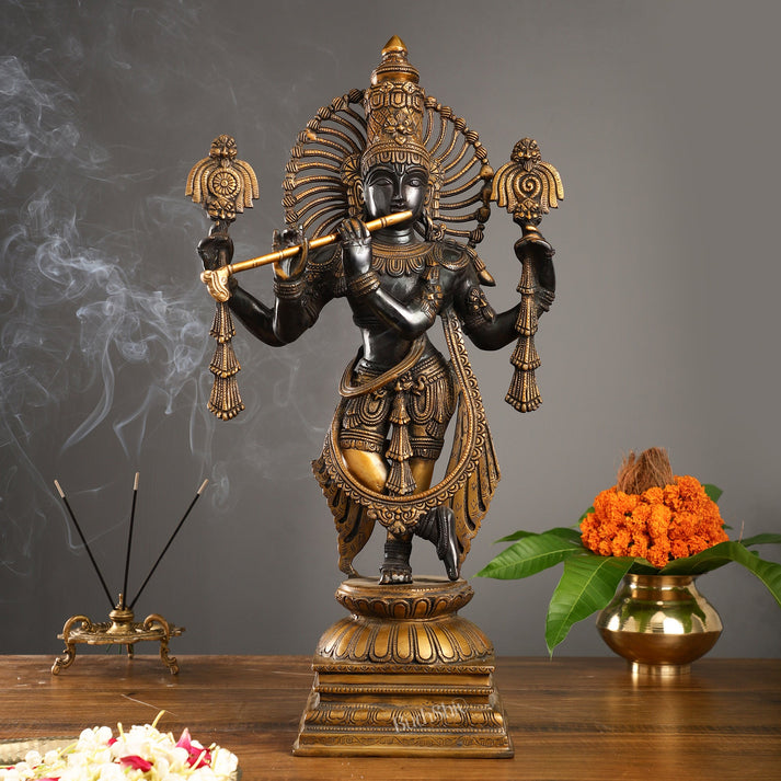 Buy Brass Krishna 4 arms Statue | Black | Height 24 Inch - Budhshiv.com