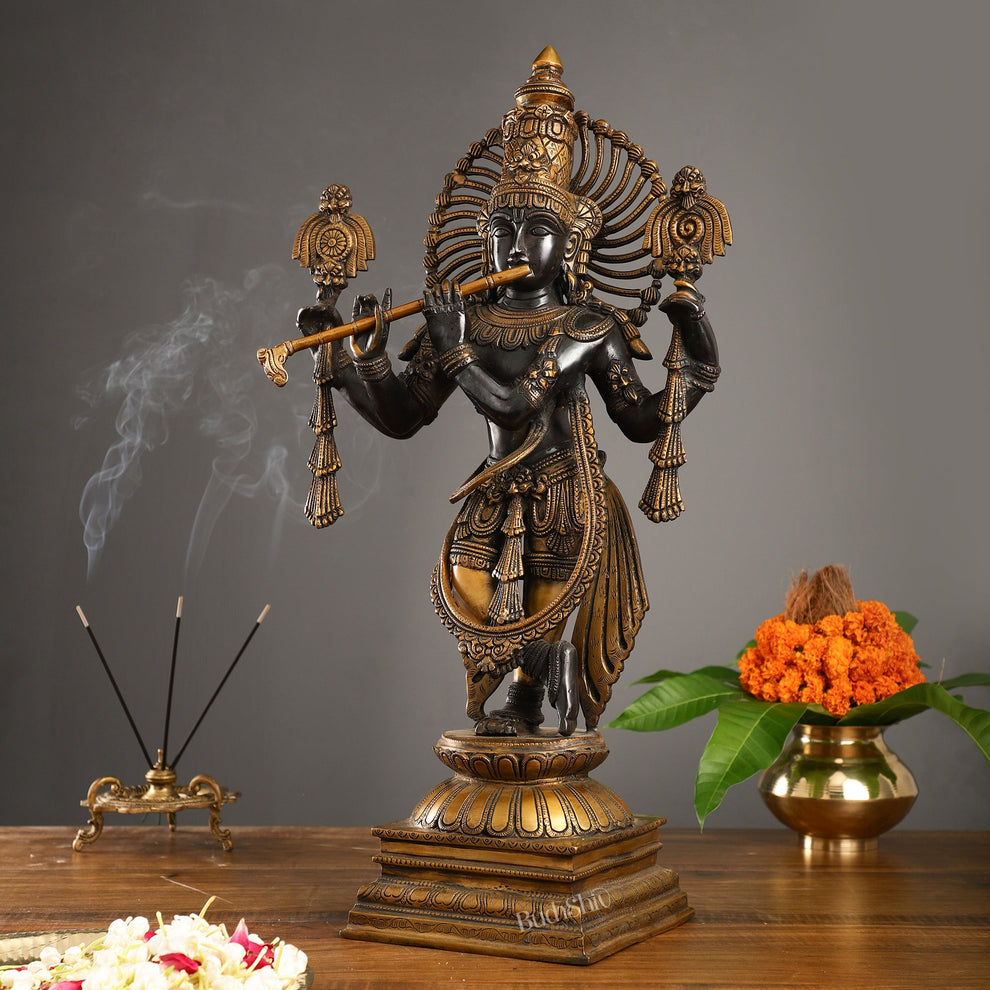 Buy Brass Krishna 4 arms Statue | Black | Height 24 Inch - Budhshiv.com