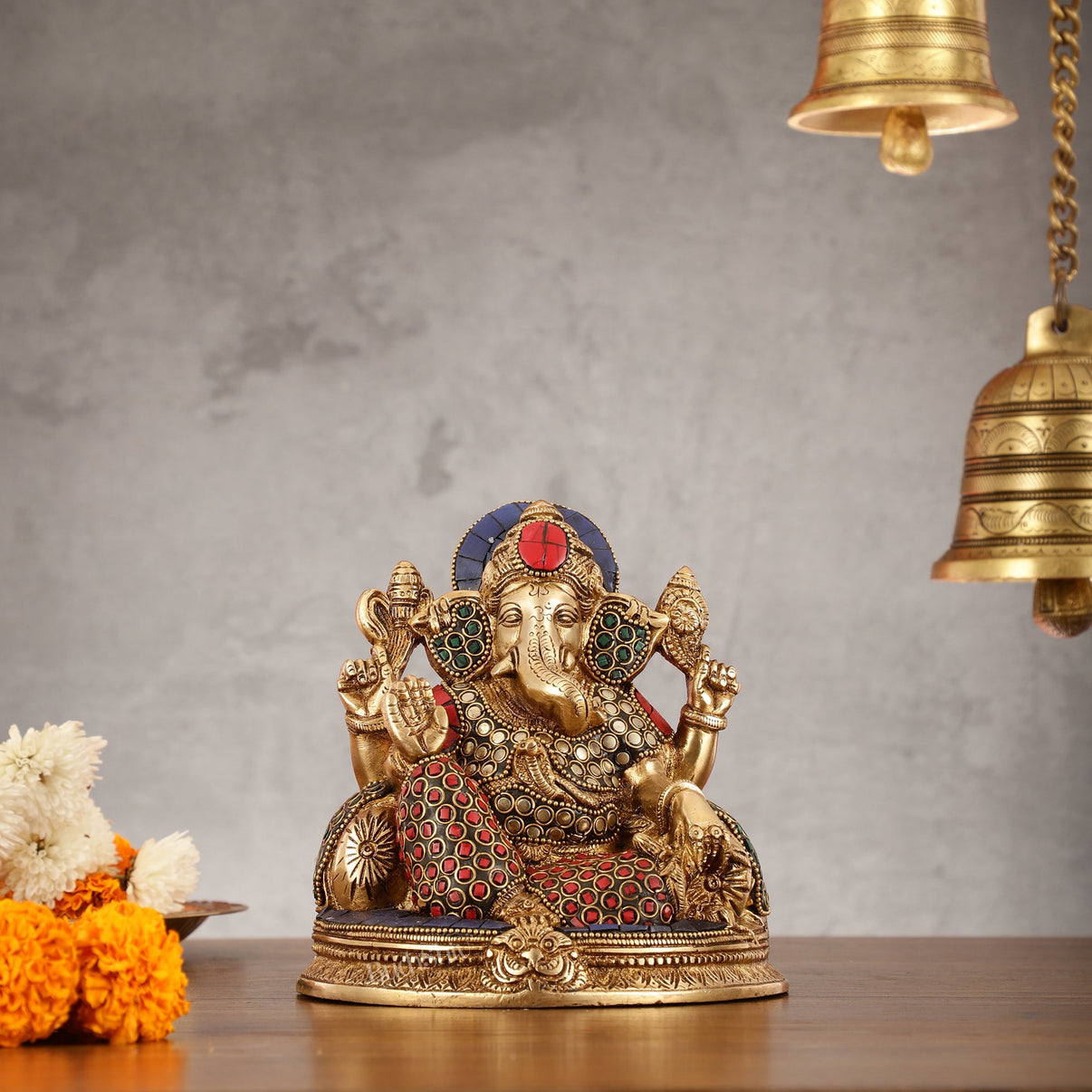Buy Brass Lord Ganesha Statue with Stonework - 6.5 Inch - Budhshiv.com
