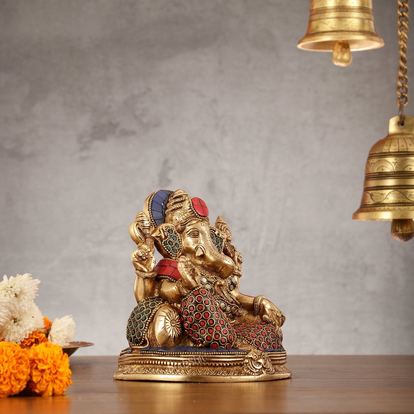 Buy Brass Lord Ganesha Statue with Stonework - 6.5 Inch - Budhshiv.com