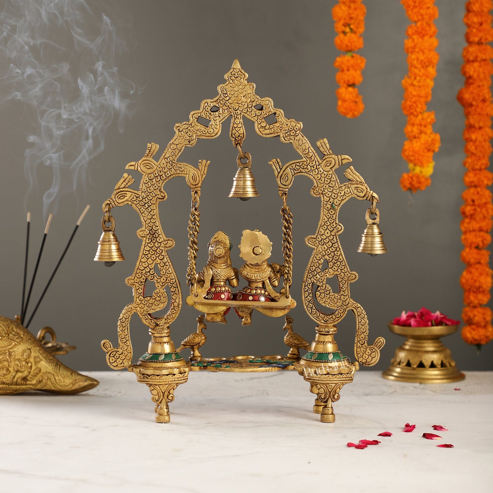 Buy Brass Radha Krishna Swing with Three Diyas 13.5 inch with stonework ...