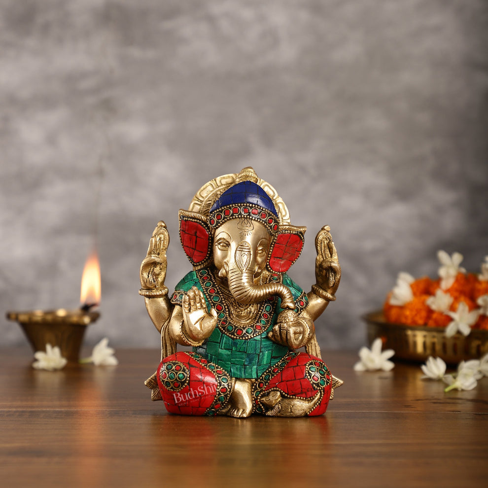 Buy Brass Taj Ganesha Idol with Stonework | Height 7 inch - Budhshiv.com