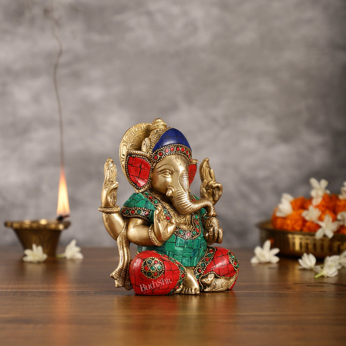 Buy Brass Taj Ganesha Idol with Stonework | Height 7 inch - Budhshiv.com