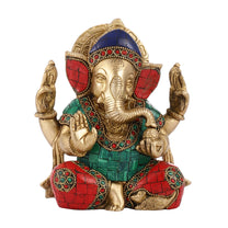 Buy Brass Taj Ganesha Idol with Stonework | Height 7 inch - Budhshiv.com