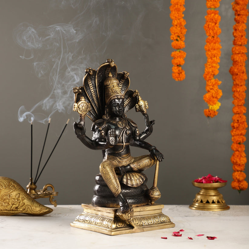 Buy Divine Brass Lord Vishnu Idol with Sheshnaaga - 14 Inch Black and ...