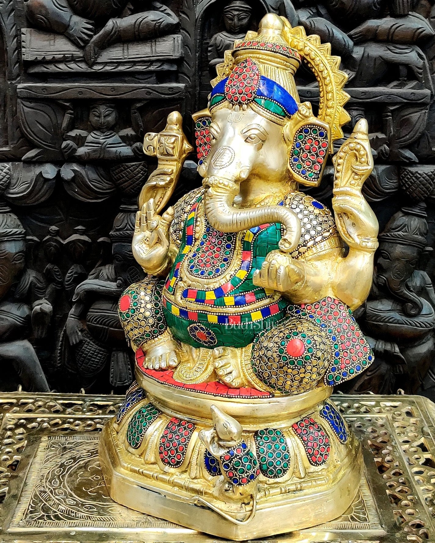Buy Ganapathi Brass Statue with stonework 15" - Budhshiv.com