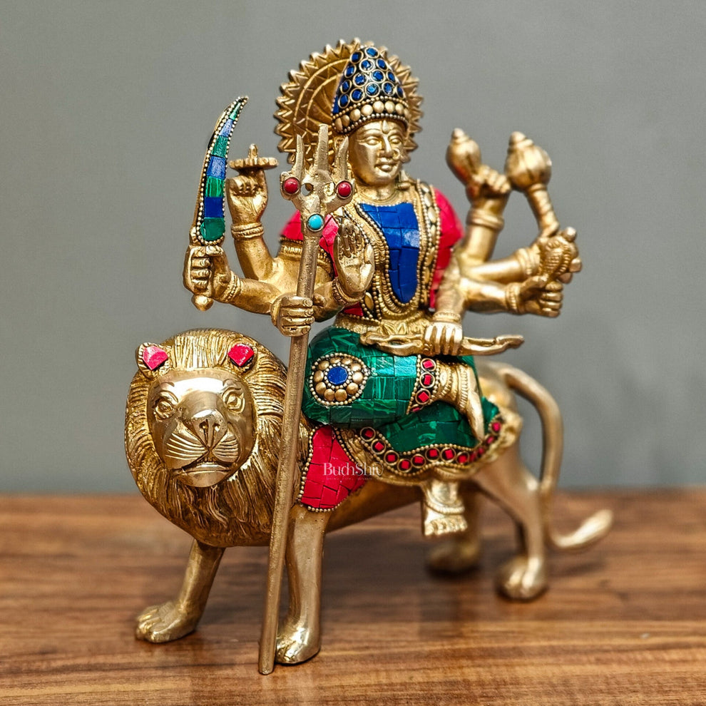 Goddess Durga brass idol with 8 arms sitting on lion with stonework 9 ...