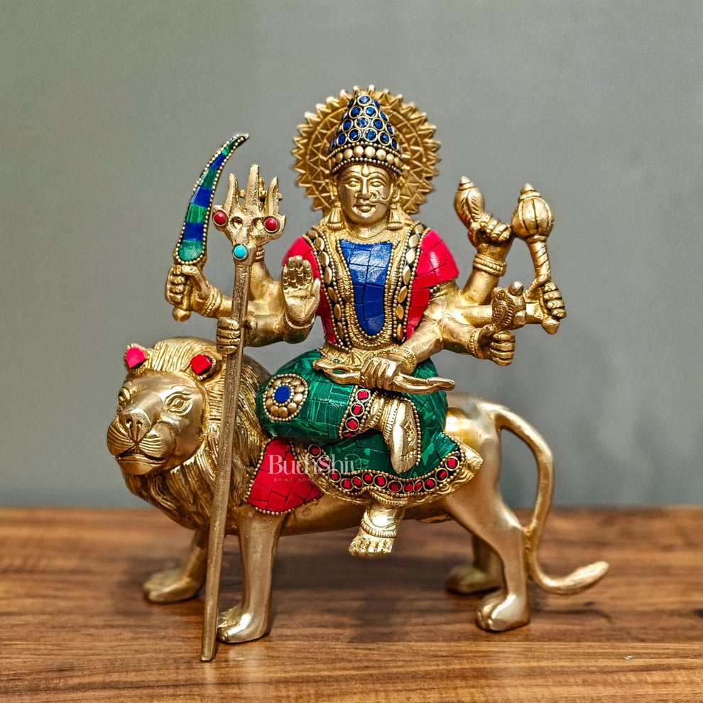 Goddess Durga brass idol with 8 arms sitting on lion with stonework 9 ...