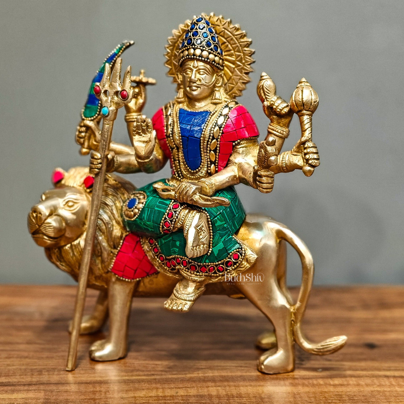 Goddess Durga brass idol with 8 arms sitting on lion with stonework 9 ...