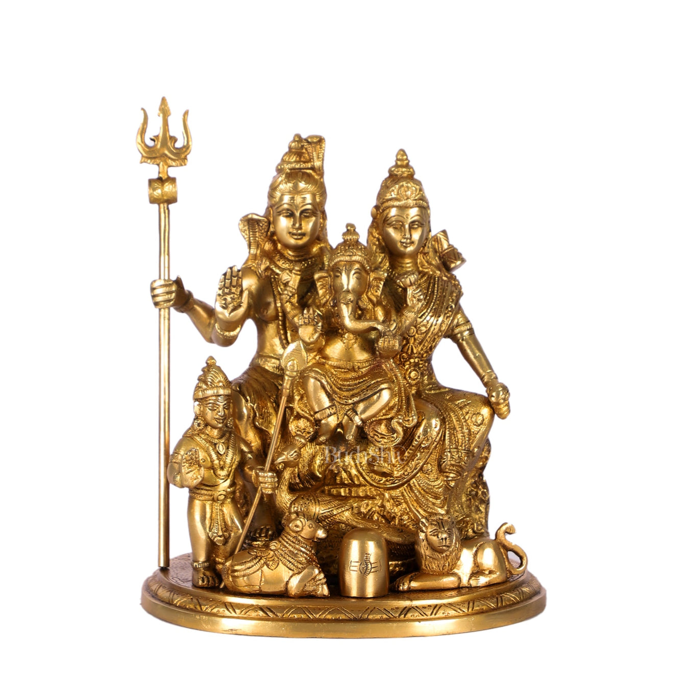 Handcrafted Brass Lord Shiva Parivaar Idol | Golden Finish | 9.5" Heig ...