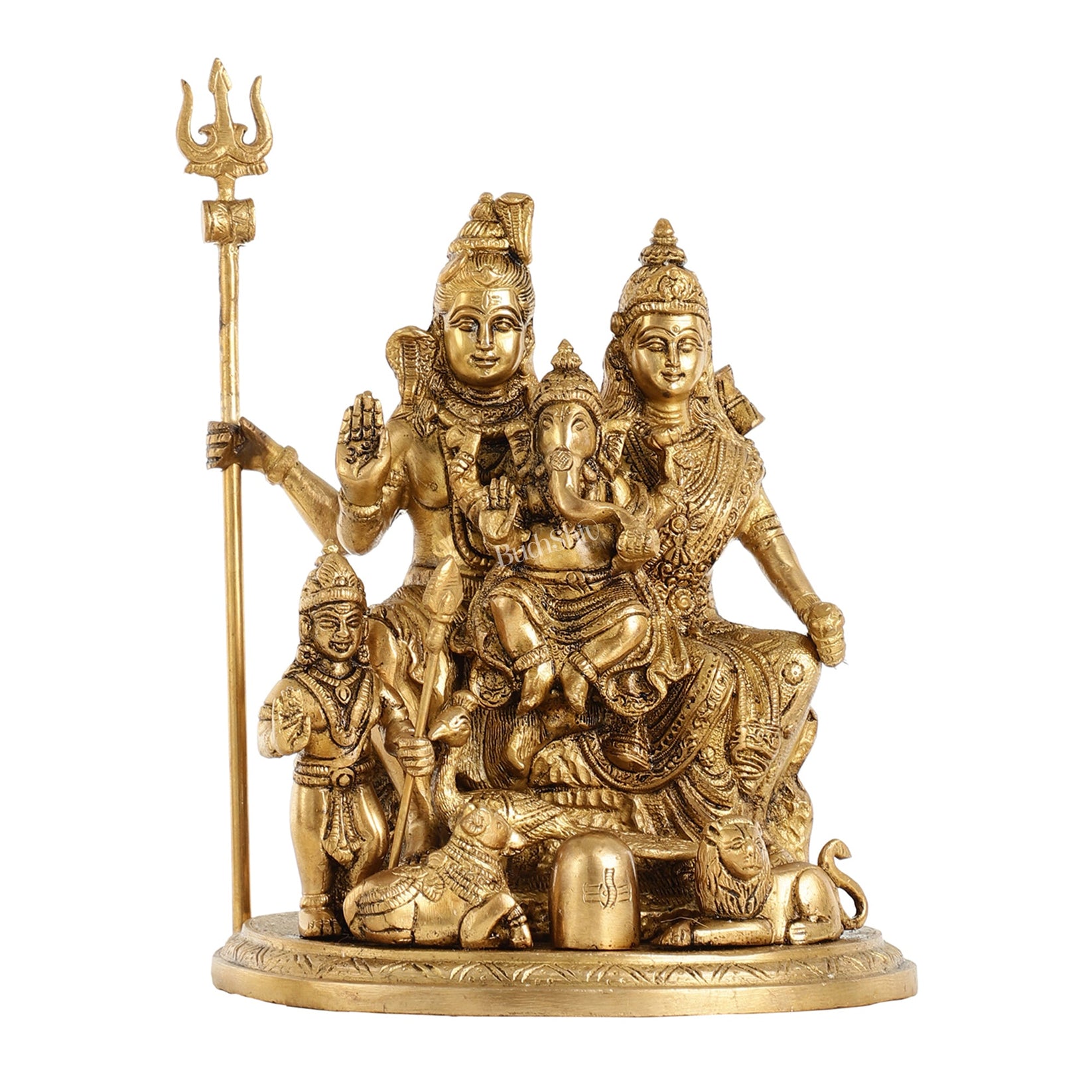 Handcrafted Brass Lord Shiva Parivaar Idol | Golden Finish | 9.5" Heig ...