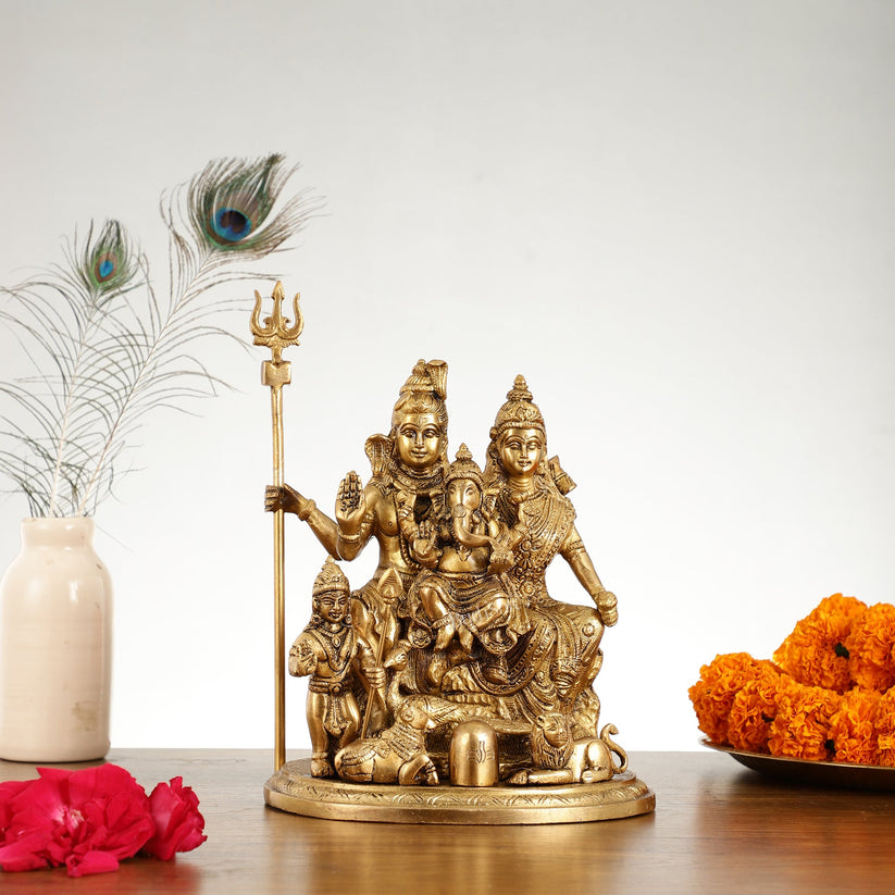 Handcrafted Brass Lord Shiva Parivaar Idol | Golden Finish | 9.5" Heig ...