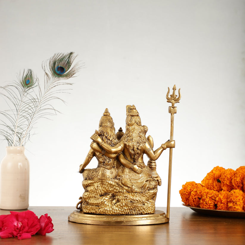 Handcrafted Brass Lord Shiva Parivaar Idol | Golden Finish | 9.5" Heig ...