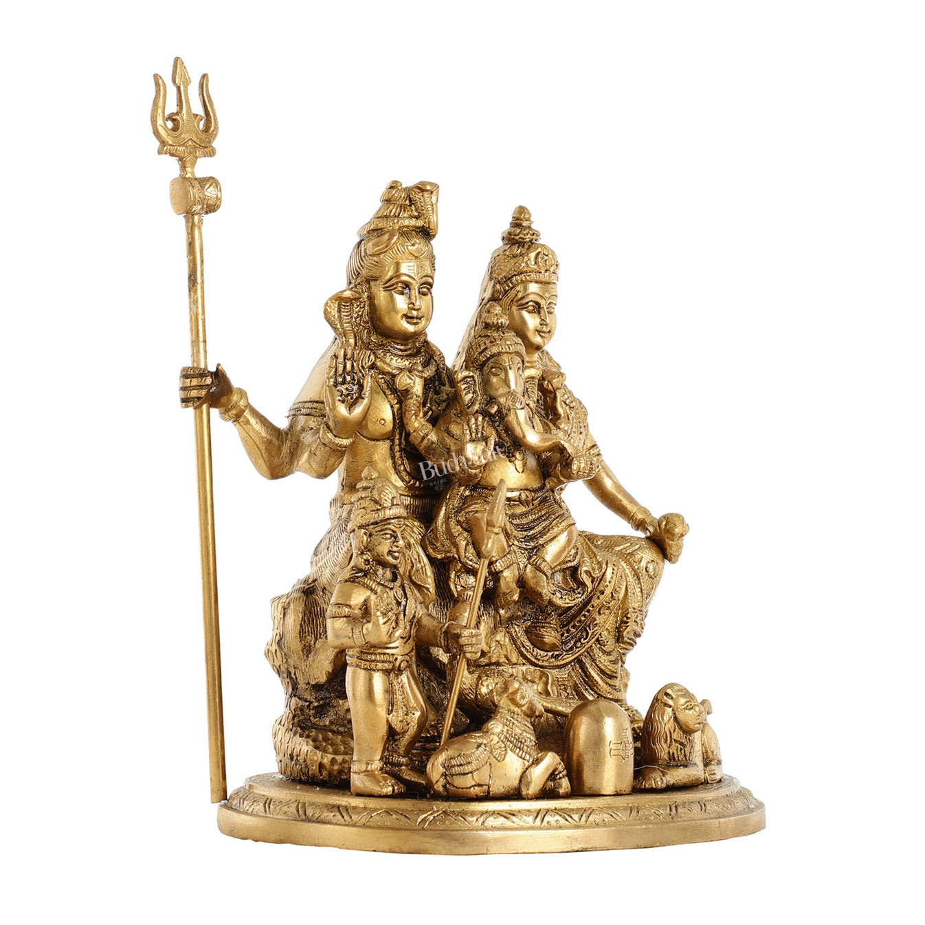 Handcrafted Brass Lord Shiva Parivaar Idol | Golden Finish | 9.5" Heig ...
