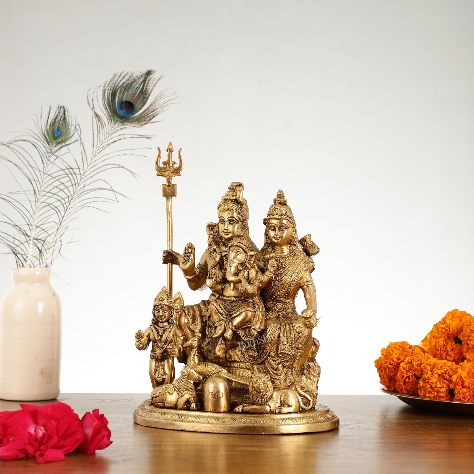 Handcrafted Brass Lord Shiva Parivaar Idol | Golden Finish | 9.5" Heig ...