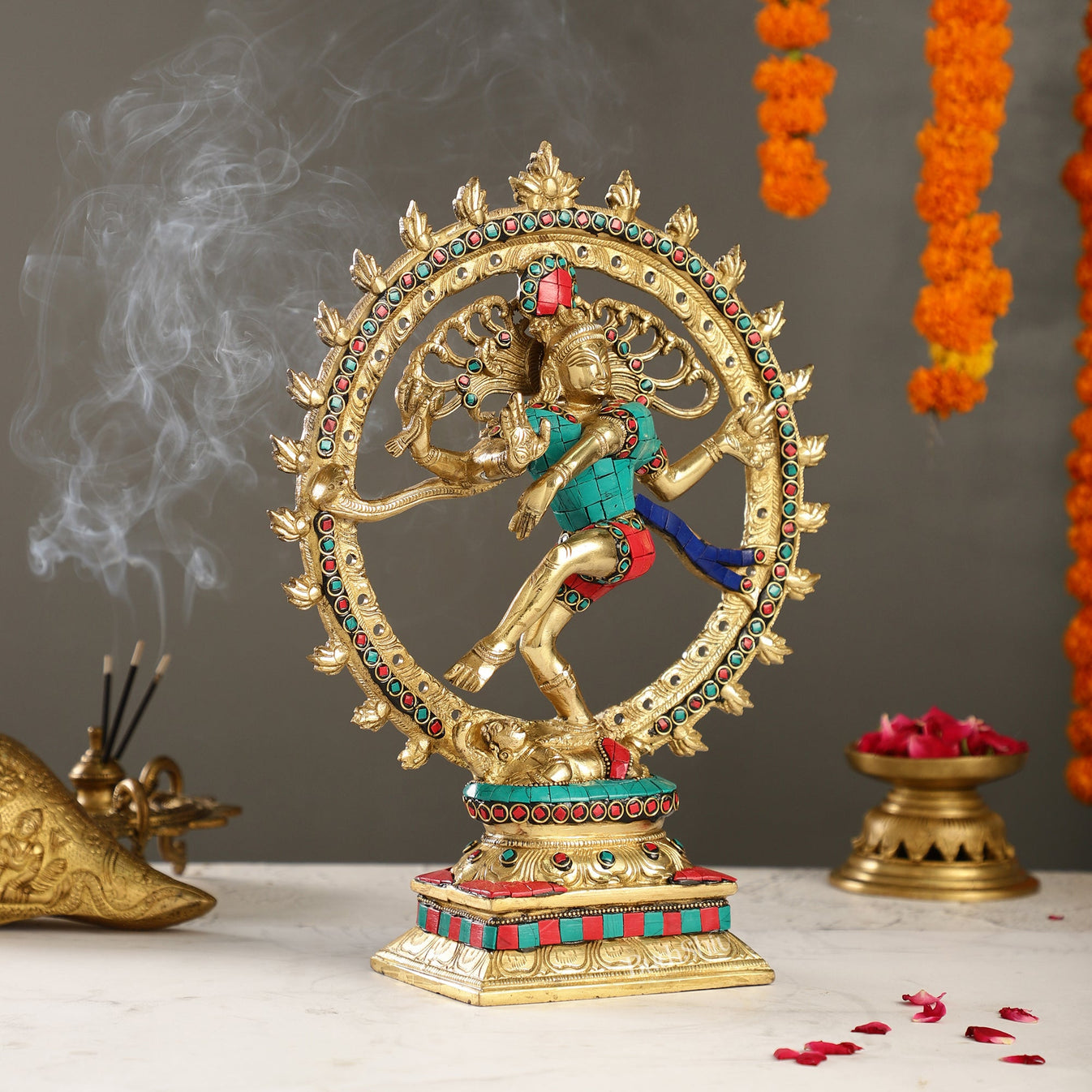 Handcrafted Fine Brass Nataraja Statue - 13 Inch, meenakari – Budhshiv.com