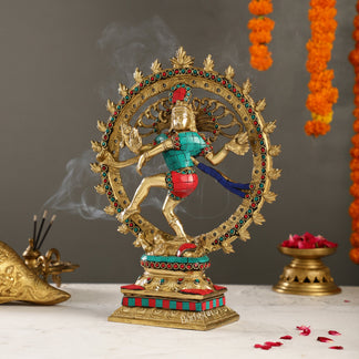 Handcrafted Fine Brass Nataraja Statue - 13 Inch, meenakari – Budhshiv.com