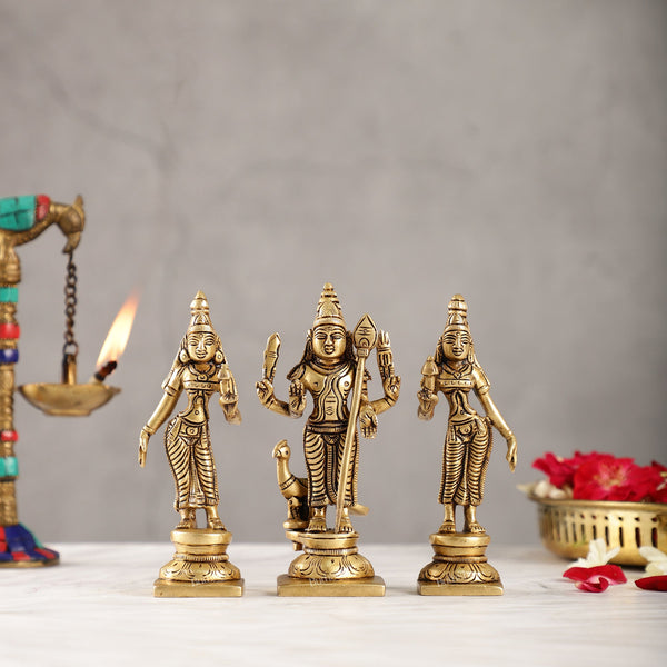 Handcrafted Superfine Brass Lord Murugan with Goddesses Devasena and V ...