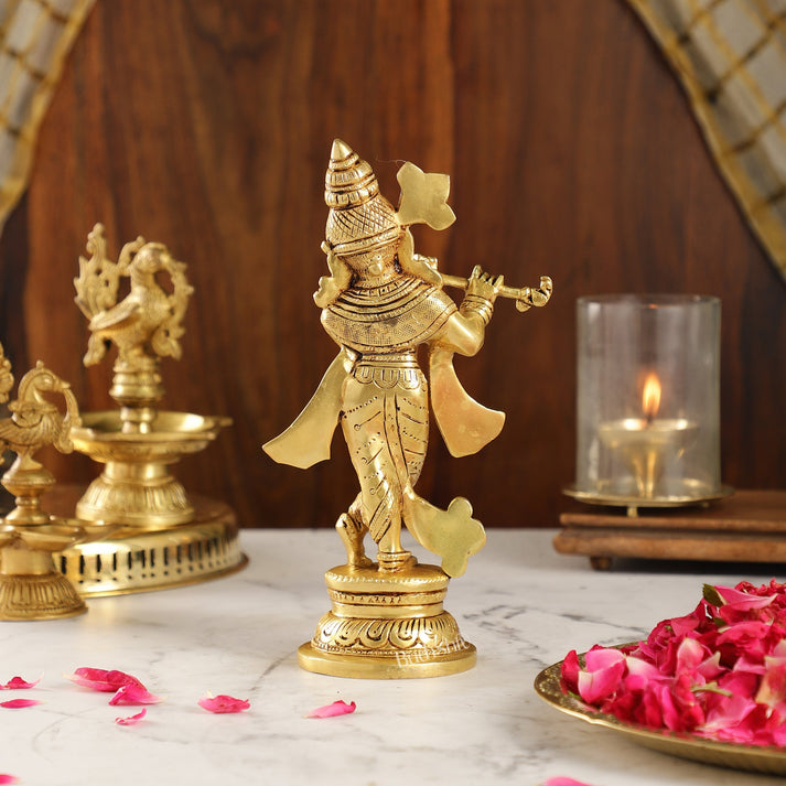 Intricately Crafted Brass Superfine Krishna Idol | 9" – Budhshiv.com