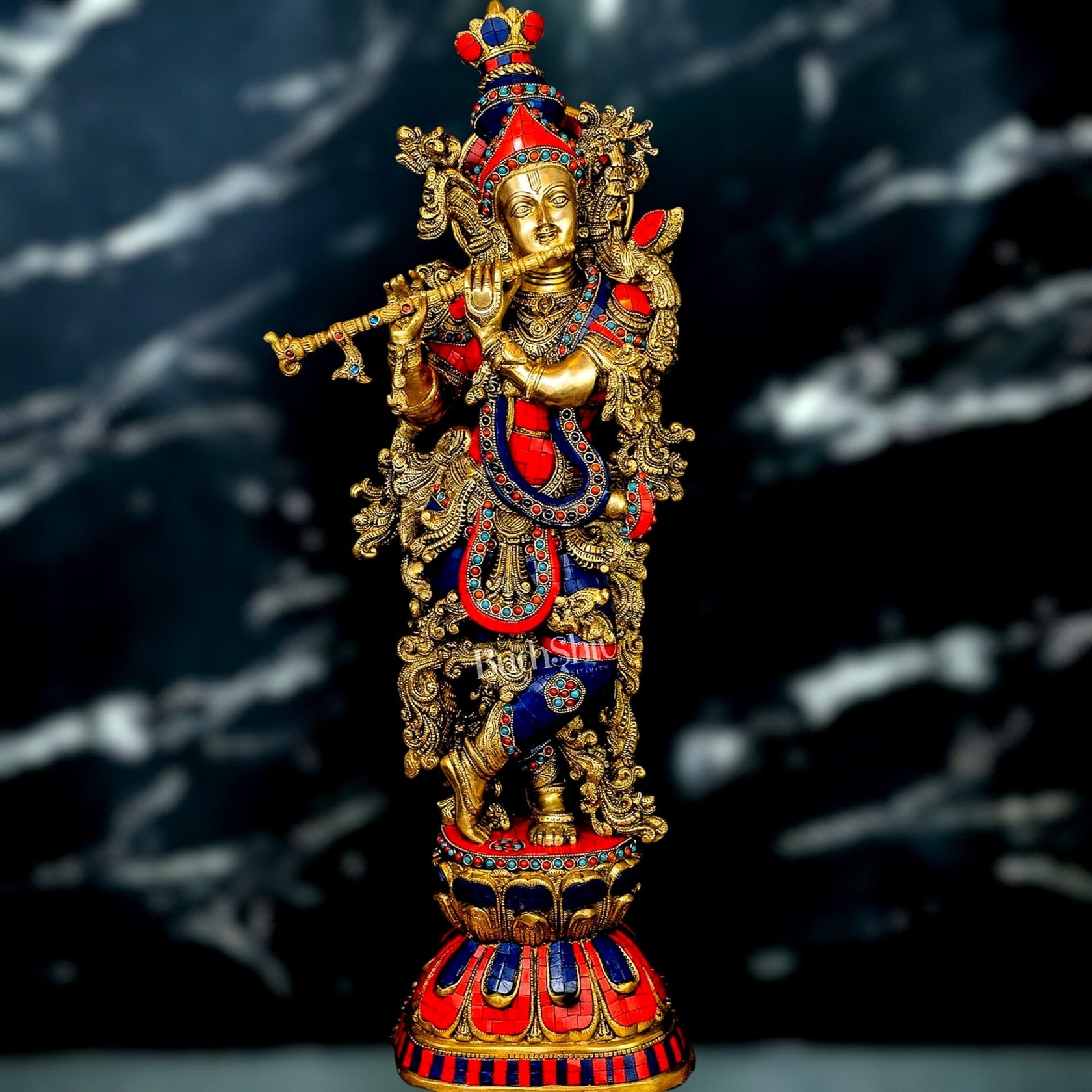 Buy Krishna Brass Idol 29 inches | Unique Inlay Stonework | Handcrafted ...