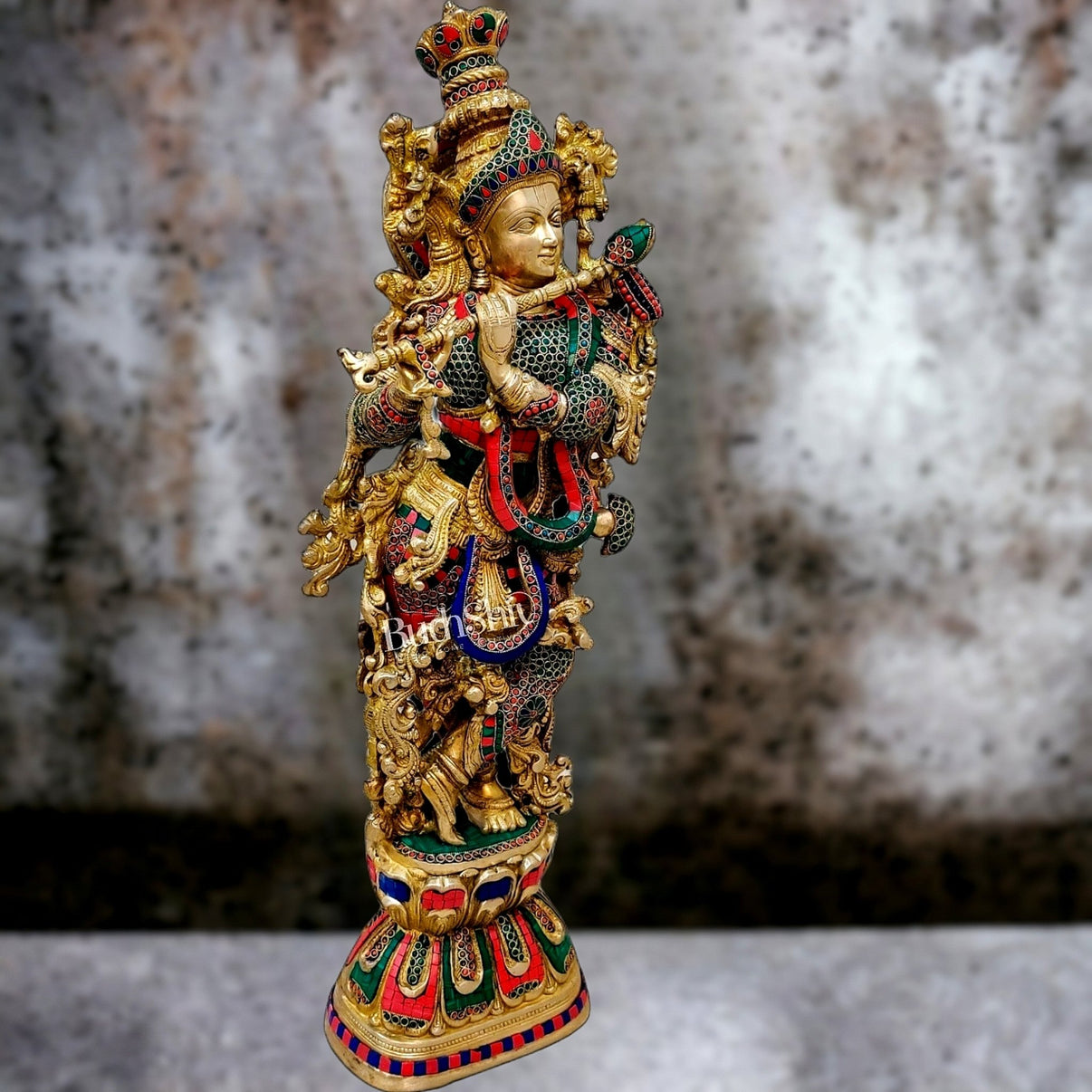 Buy Krishna Brass Idol 29 inches | Unique Inlay Stonework | Handcrafted ...