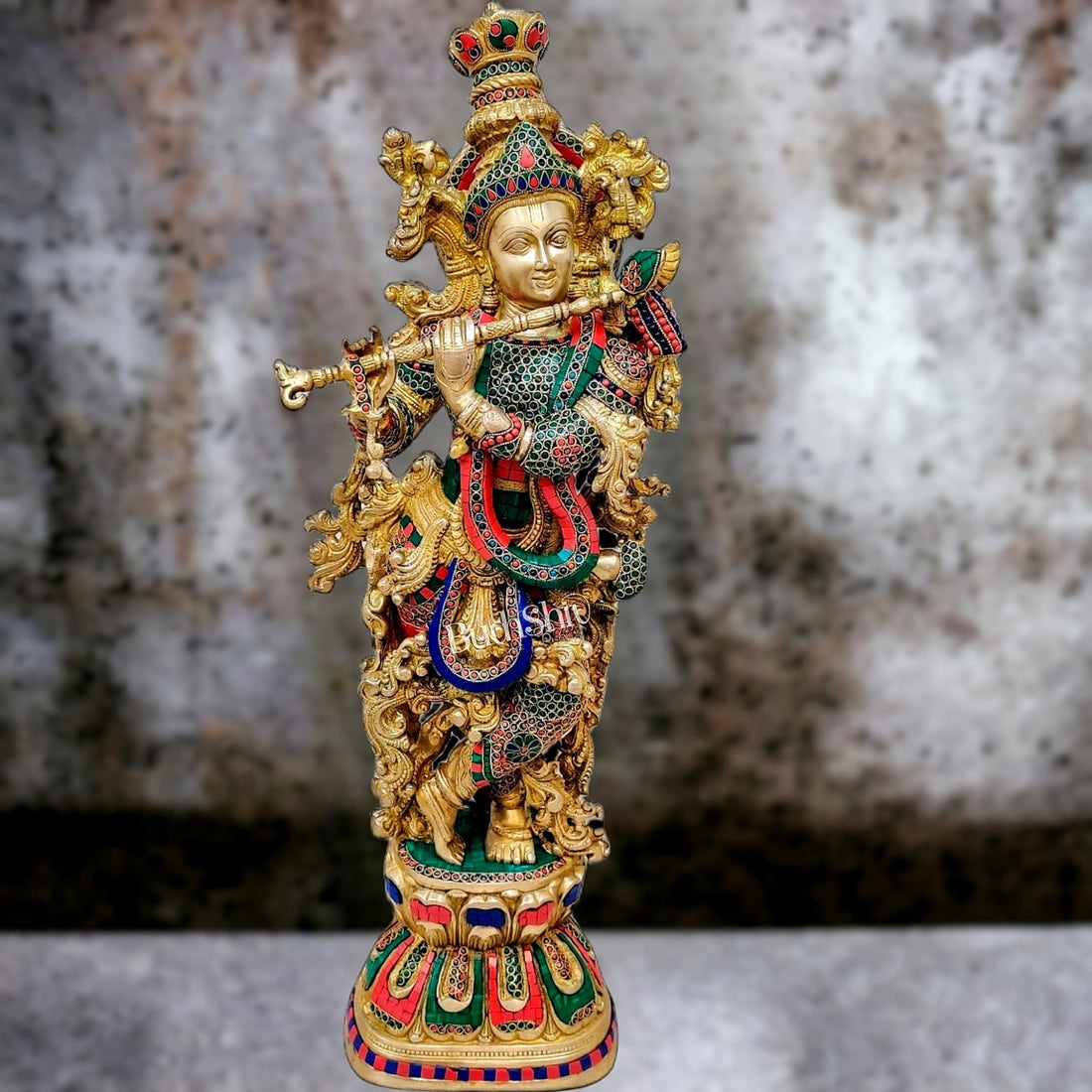 Buy Krishna Brass Idol 29 inches | Unique Inlay Stonework | Handcrafted ...