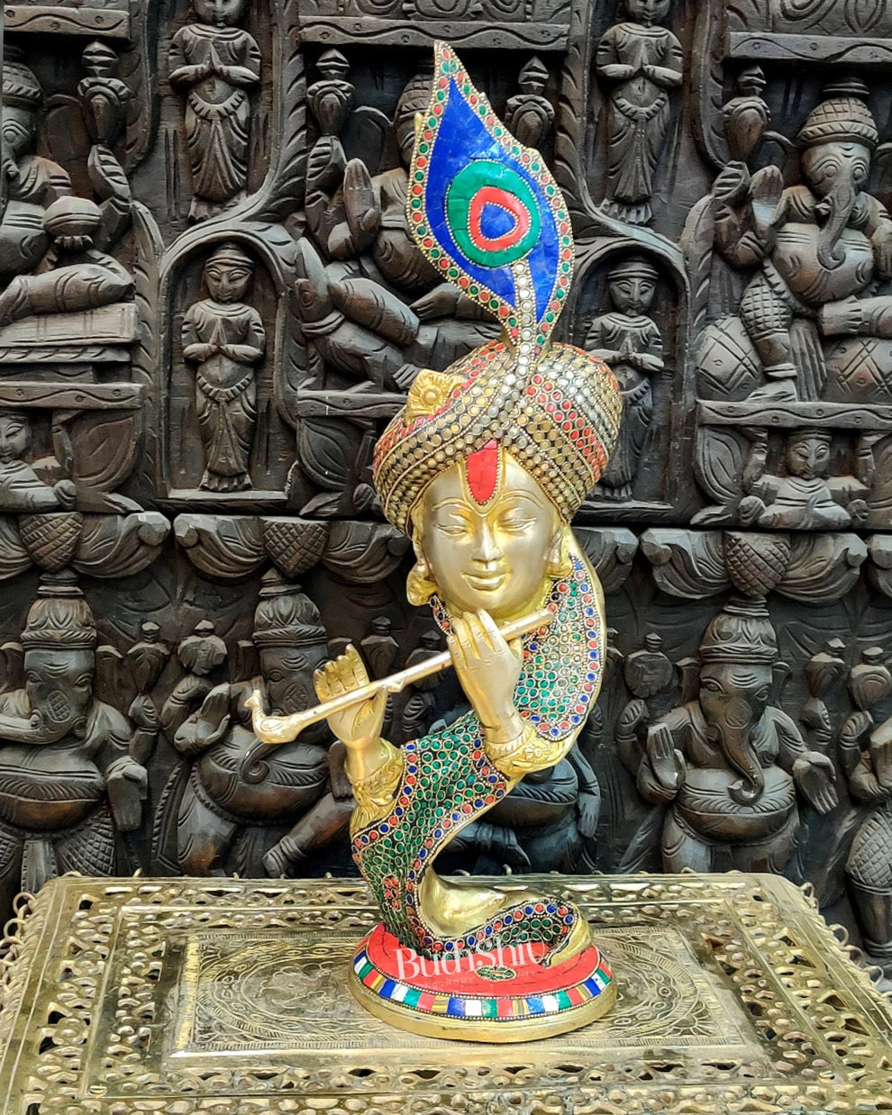 Buy Lord Krishna Brass Idol with Colored Stones | Height 20 inch ...