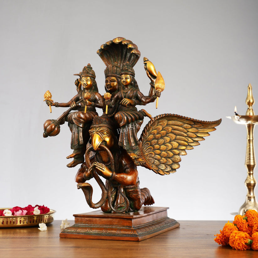 Lord Vishnu with Bhudevi and Sridevi on Garuda statue 18" – Budhshiv.com