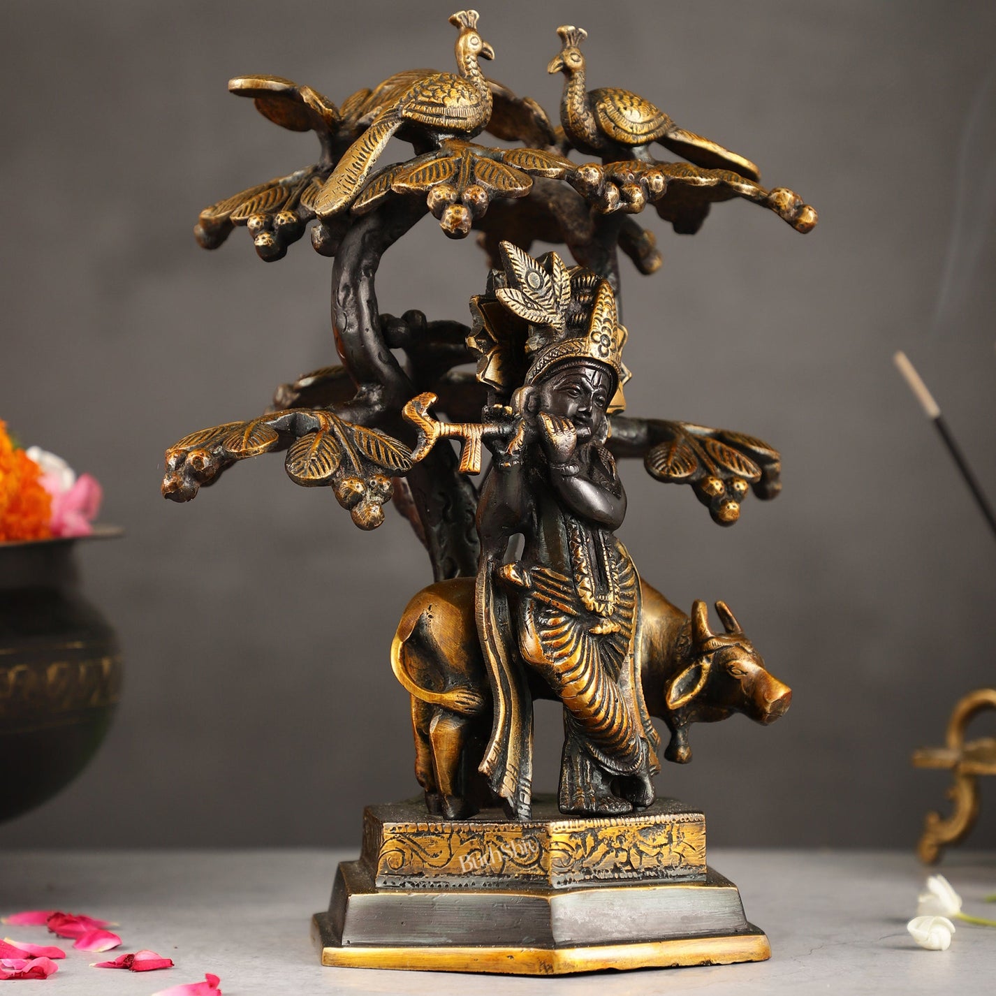 Buy Superfine Brass Lord Krishna with Cow Under Kalpavriksha Tree Idol ...