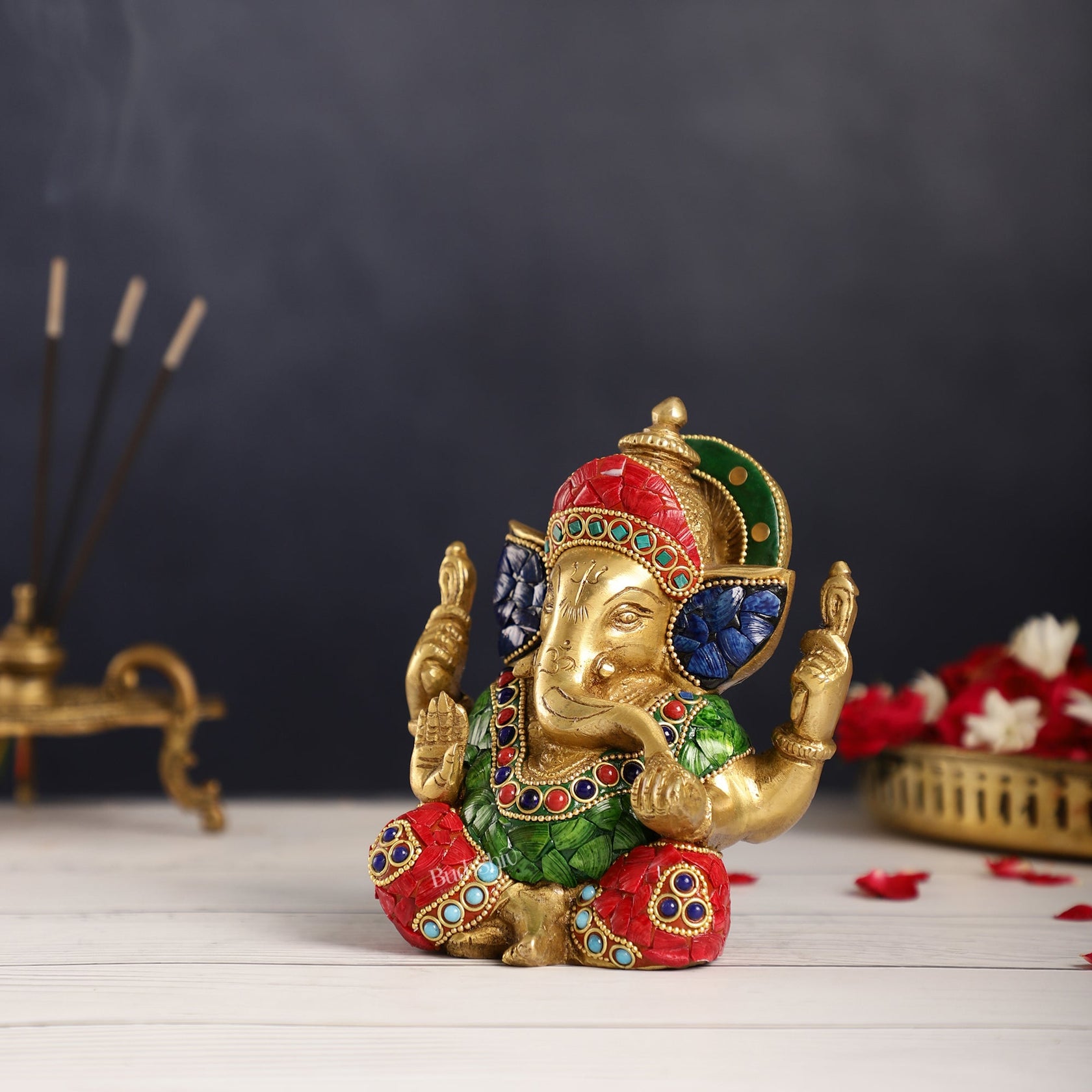 Buy Taj Ganesha brass idol with meenakari stonework 6" - Budhshiv.com
