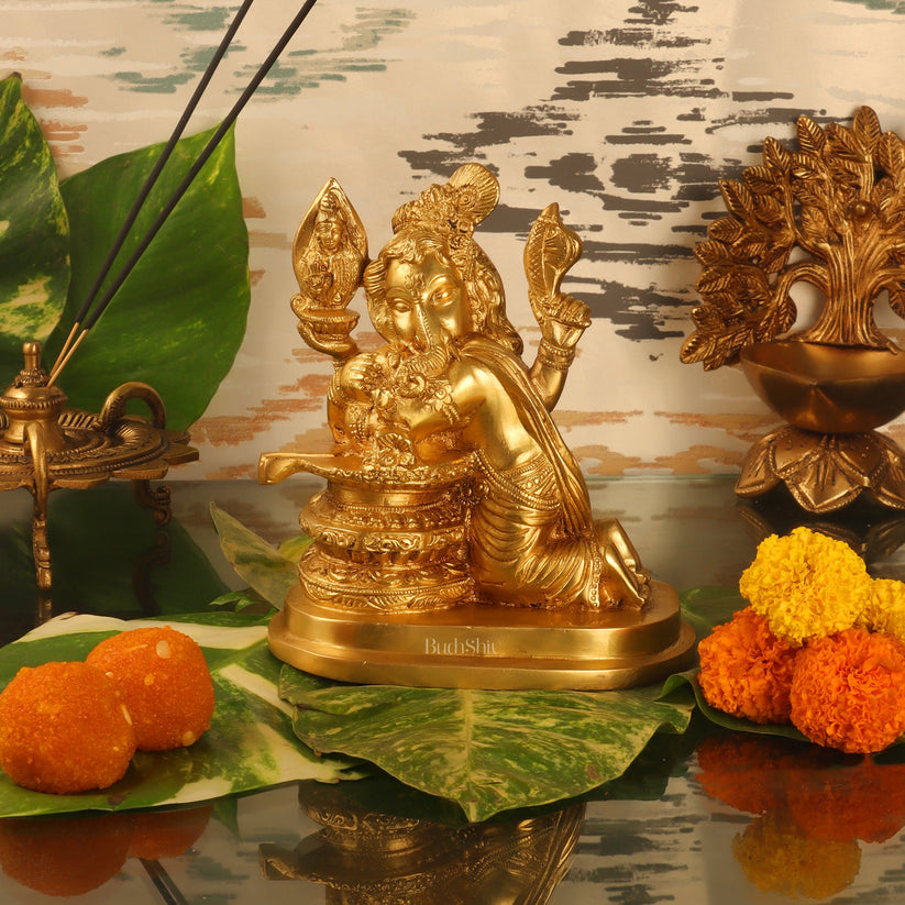 Unique Brass Ganapati Statue - Ganesha Hugging Shiva Lingam - 6.5 inch ...