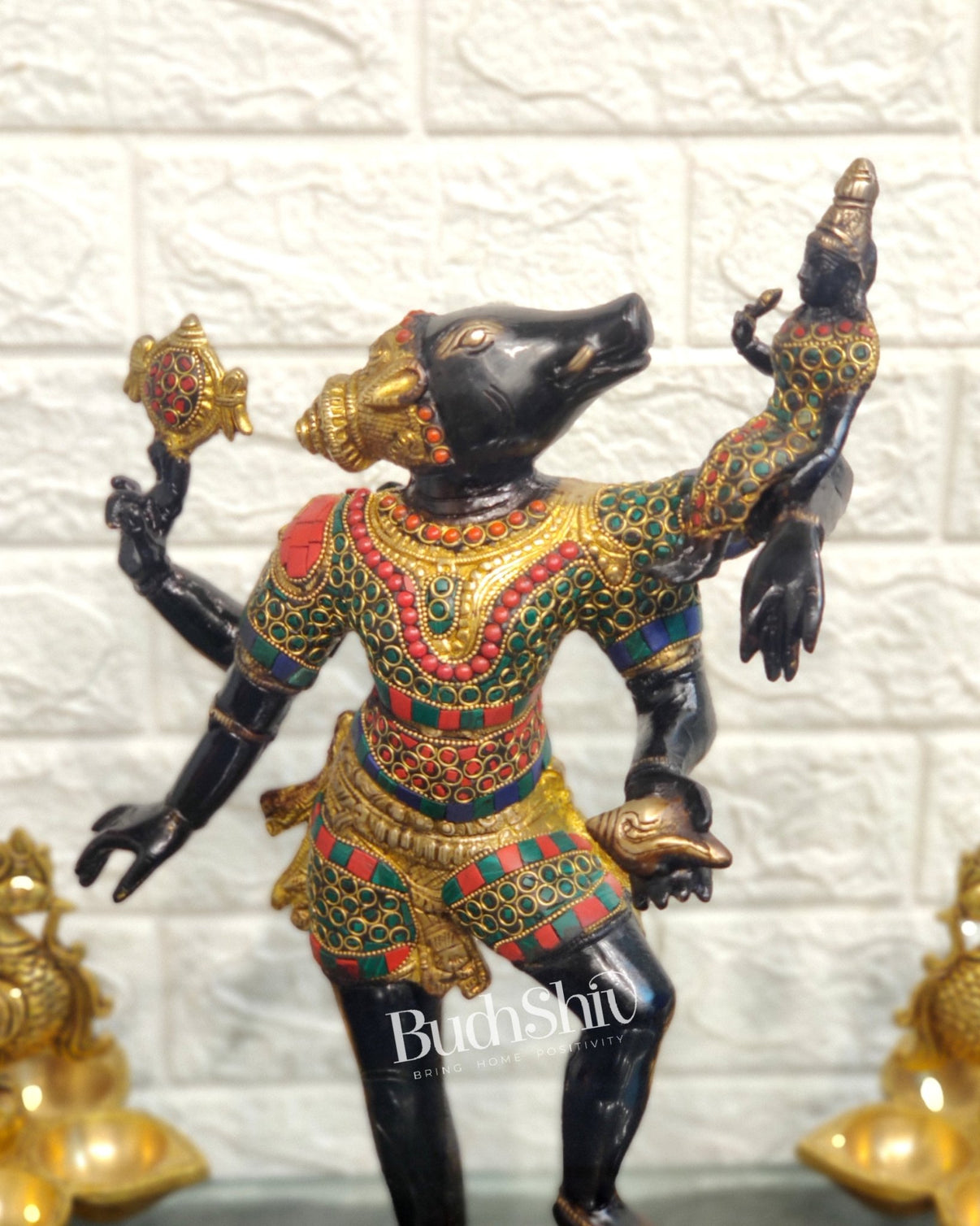 Varaha with Bhooma Devi Brass Statue 17 inch Black Gold with stonework ...
